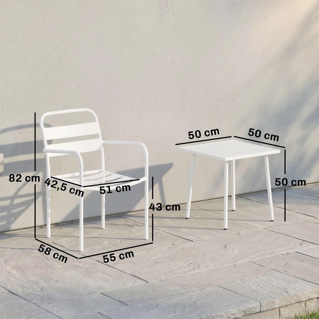 Outsunny Bistro set 3dílná sada kovového zahradního nábytku se 2 zahradními židlemi, skleněný stůl, lamelový design, odolný proti korozi