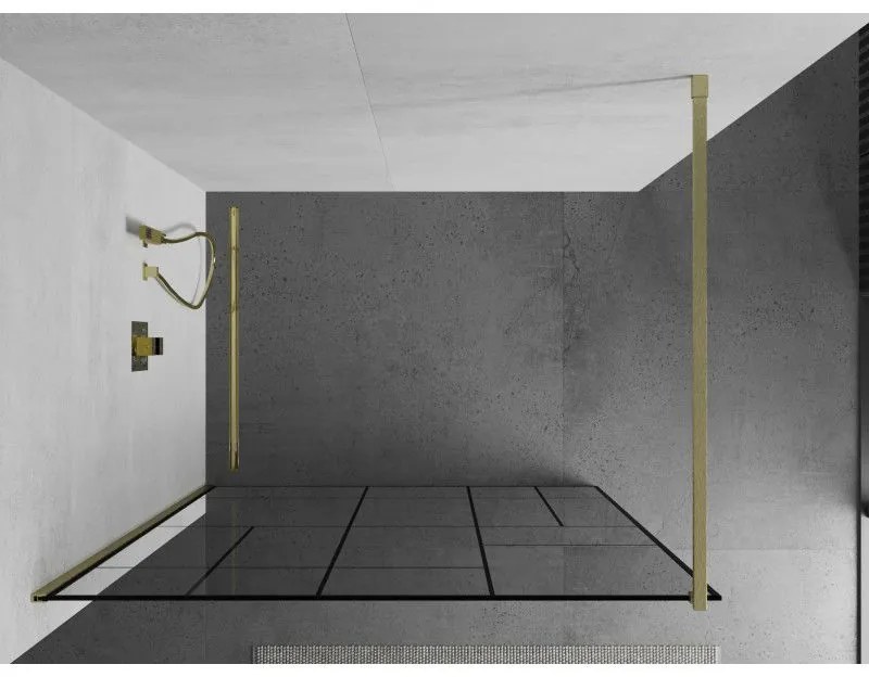 Mexen Kioto, sprchová zástěna Walk-In 120 x 200 cm, 8mm čiré sklo černý vzor, ​​zlatý matný profil, 800-120-101-55-78