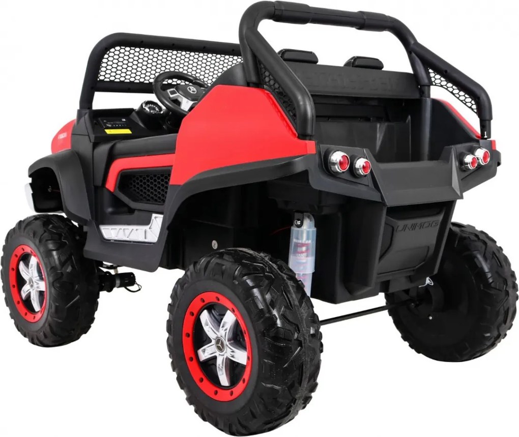 Ramiz Mercedes Benz Unimog elektrické autíčko pro děti červené + pohon 4x4 + dálkové ovládání + nosič zavazadel + pomalý start + MP3 + LED