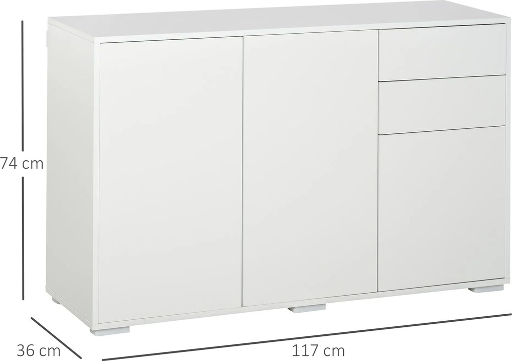 HOMCOM Příborník bílý Komoda se 2 zásuvkami a 3 dvířky, víceúčelová skříň, skříňka na dokumenty, 117x36x74cm