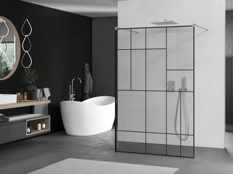 Mexen Kioto, sprchová zástěna Walk-In 110 x 200 cm, 8mm sklo černý vzor, broušená ocel profil, 800-110-002-97-78