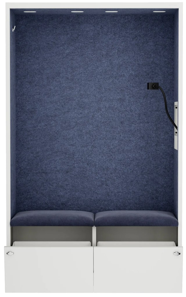 Kancelářská akustická kabina se sedátkem a USB-C portem, korpus bílý / sedák námořnická modrá, 1150 mm: SALLY MentalBox