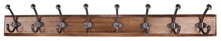 Dřevěný nástěnný věšák s 8mi kovovými háčky - 102*11*16 cm