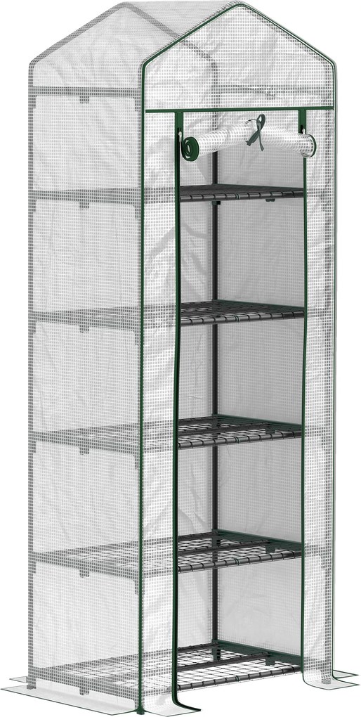 Skleník Outsunny s rolovacím dveřmi, policemi, zimní ochrannou ocelovou konstrukcí, skleník pro balkon, zahradu, dům na rajčata 69 x 49 x 193 cm, skl…