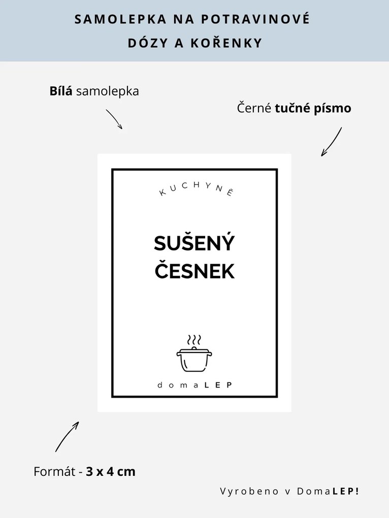 Samolepka na kořenky SUŠENÝ ČESNEK bílá 3 × 4 cm tučné písmo
