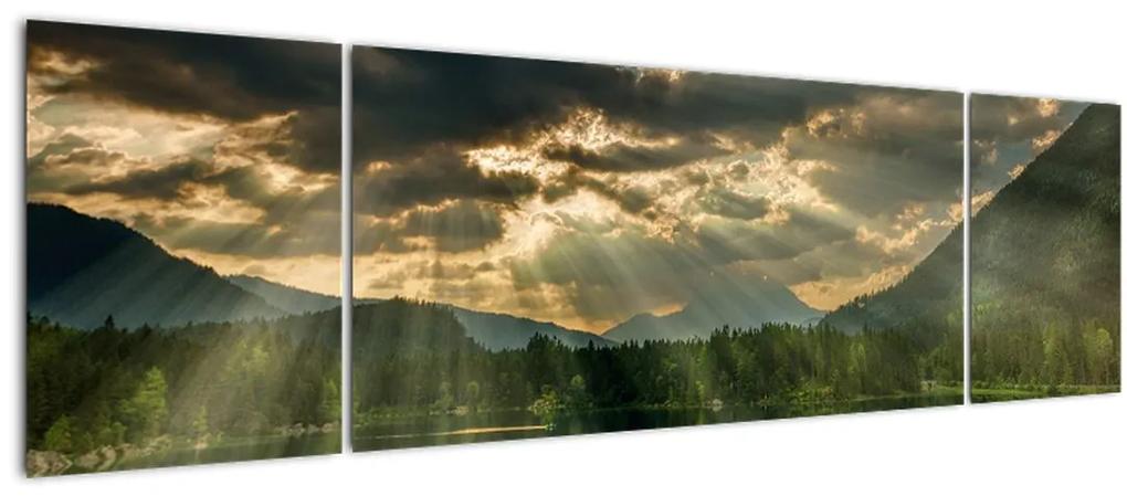 Obraz jezera s průsvitajícím sluncem (170x50 cm)
