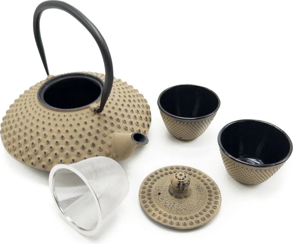 Litinová čajová souprava Xilin, konvice 1,25 l – hnědá, japonský design, se 2 šálky, s nerezovým sítkem
