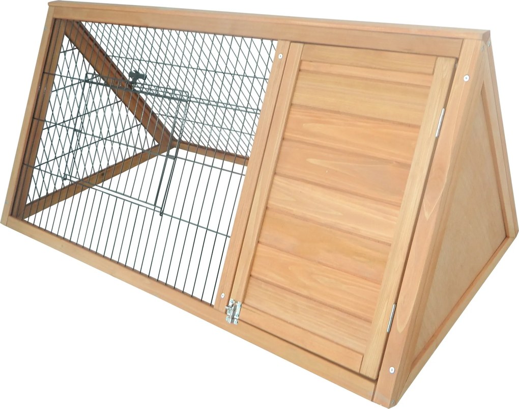Triangulární králičí kotec PawHut z přírodního dřeva 116x62,2x52,5 cm s dveřmi a drátěnou síťkou