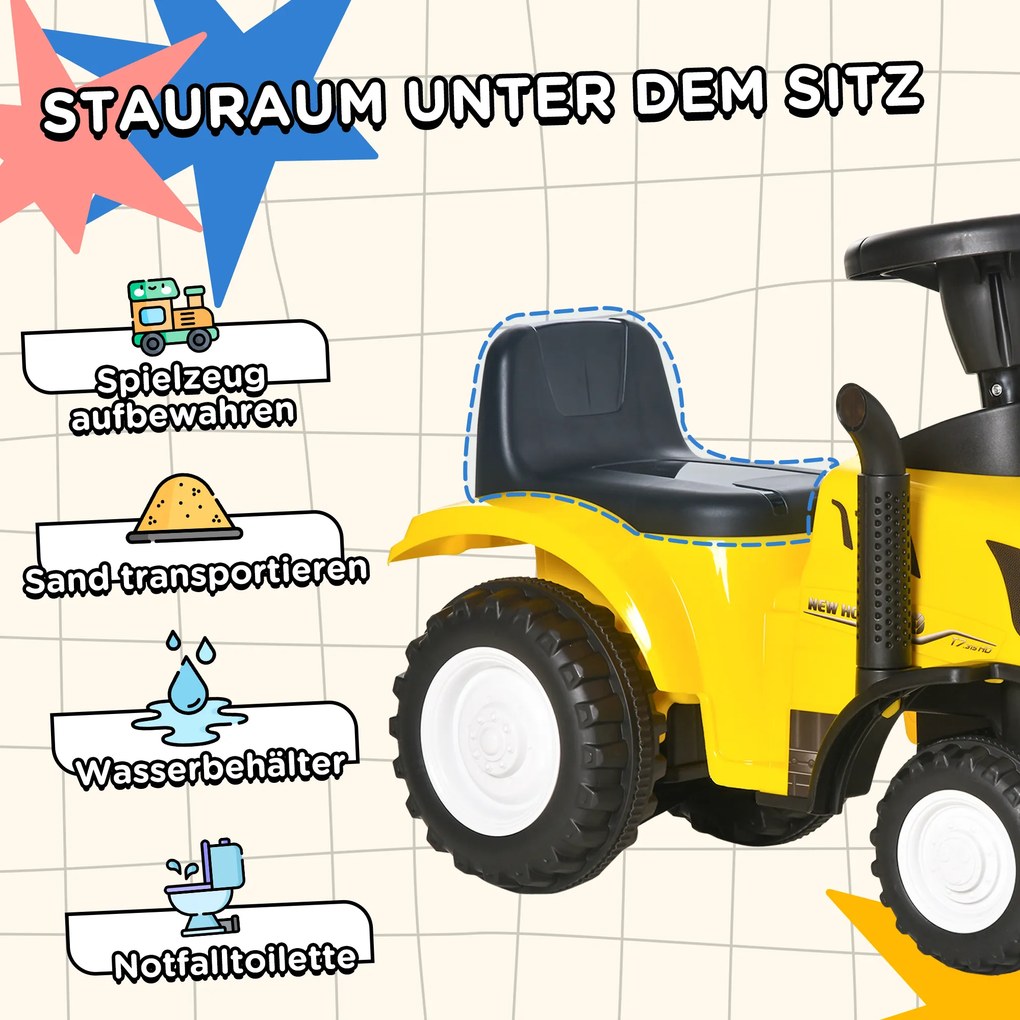 HOMCOM dětské jezdící auto s přívěsem pro 2 roky, žluté dětské vozidlo traktor z plastu a kovu, jezdící vozidlo pro interiér a exteriér