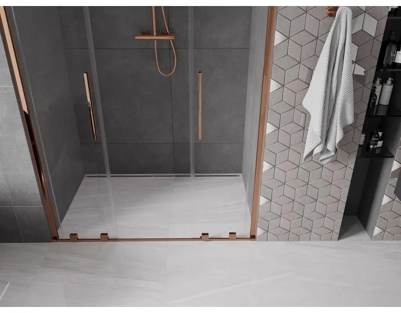 Mexen Velar L Duo, posuvné sprchové dveře do otvoru 140 cm, 8mm čiré sklo, růžové zlato, 871-140-003-02-60