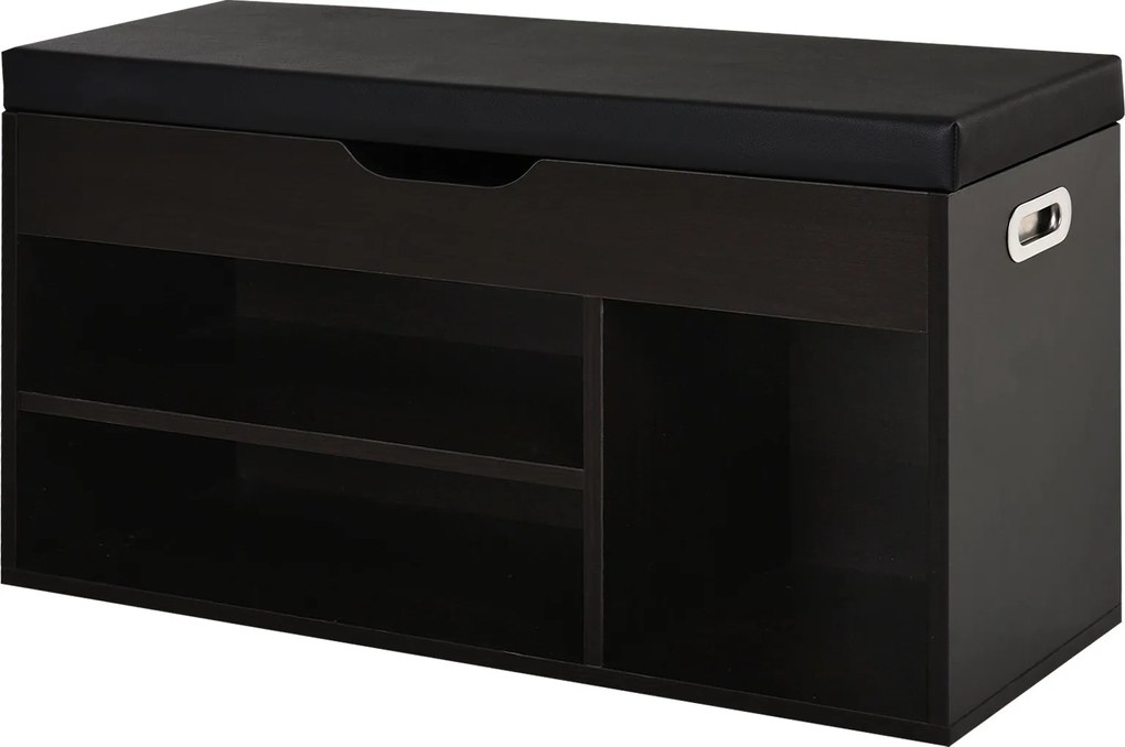 HOMCOM Zateplený botník do předsíně, skříňka s regálem na boty, se 3 přihrádkami, potah z PU kůže, 80x30x43 cm, Černá | Aosom