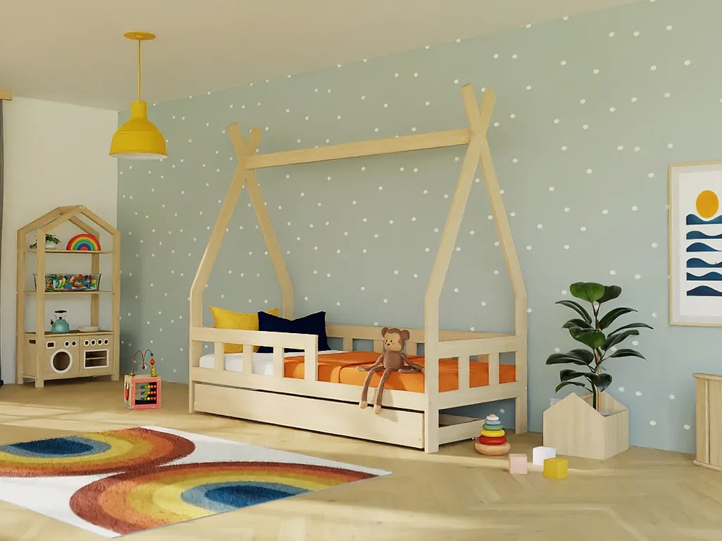 Benlemi Dětská teepee postel FENCE 4v1 ze dřeva se zábranou a úložným šuplíkem Zvolte barvu: Béžová, Zvolte rozměr: 90x190 cm, Zvolte zábranu: S otevřeným vstupem