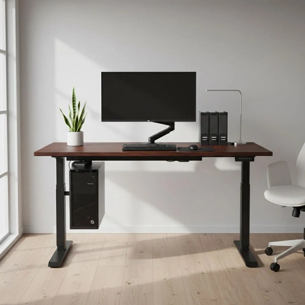 Výškově nastavitelný stůl OfficeTech B, 160 x 80 cm, černá podnož, wenge