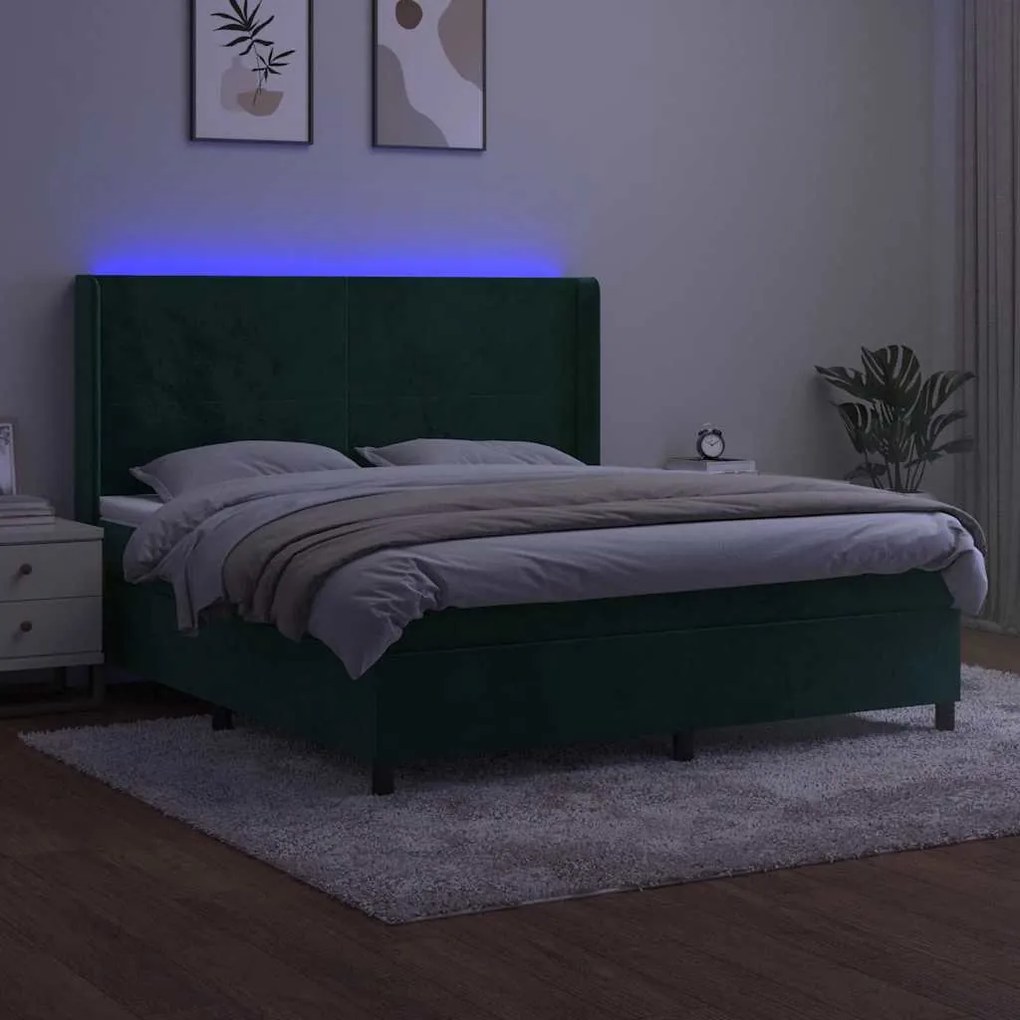 Box spring postel s matrací a LED tmavě zelená 160x200 cm samet 3139454