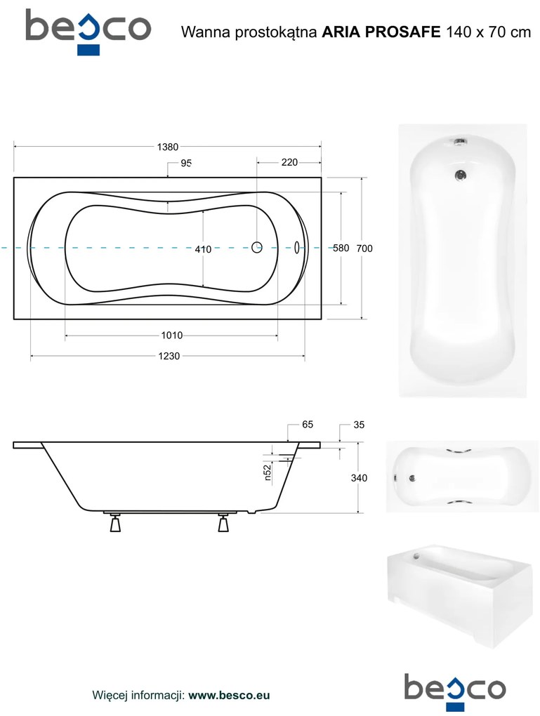 BESCO Obdélníková vana ARIA PROSAFE Nožičky k vaně - Bez nožiček, Rozměr vany - 140 × 70 cm - VANARIA140PROS