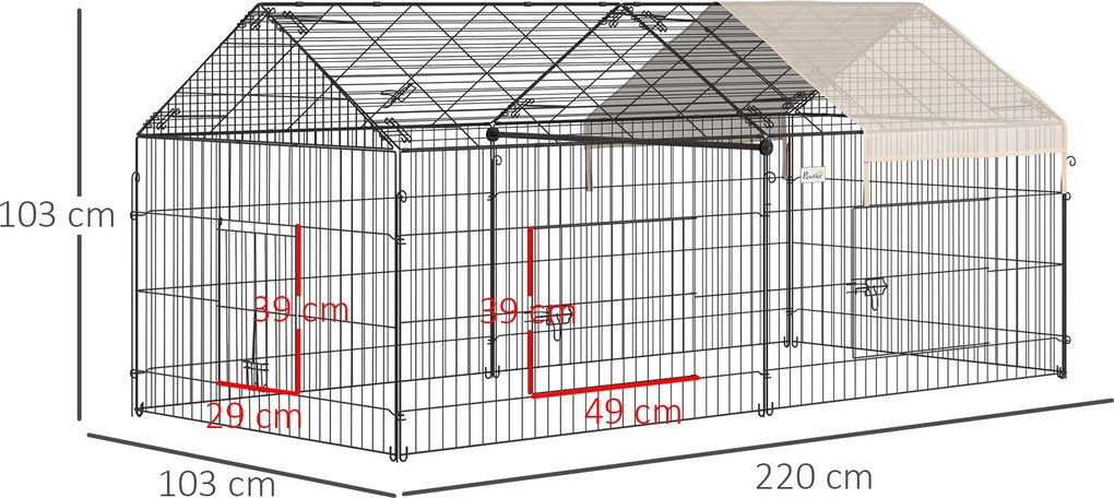 Venkovní výběh PawHut s ochranou proti slunci pro malá zvířata 220 x 103 cm, kovová králíkárna v béžové a černé barvě