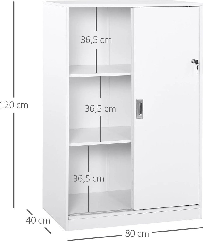 HOMCOM Praktická kancelářská skříň s 2 posuvnými dveřmi, zámky a 3 policemi pro kancelář a studium 80x40x120 cm Bílá