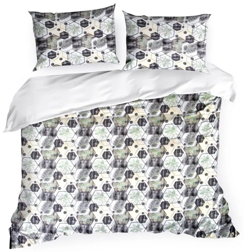 Krásné bavlněné bílé povlečení na postel se zelenými listy a geometrickými tvary