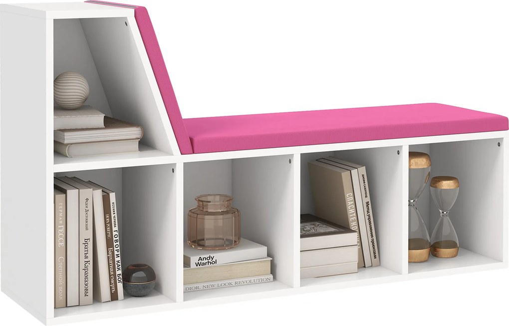 HOMCOM knihovní regál 2 v 1 s lavicí, 5 úložných přihrádek a 2 polštáři 108 x 30 x 60 cm bílá/růžová