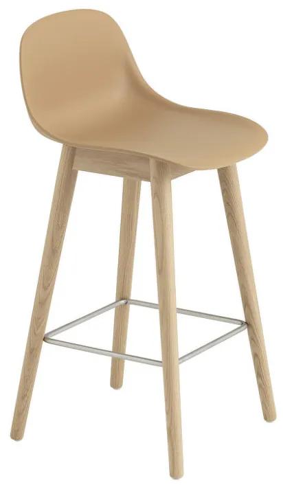 Muuto Barová stolička Fiber s opěrkou, dřevěná podnož, ochre/oak