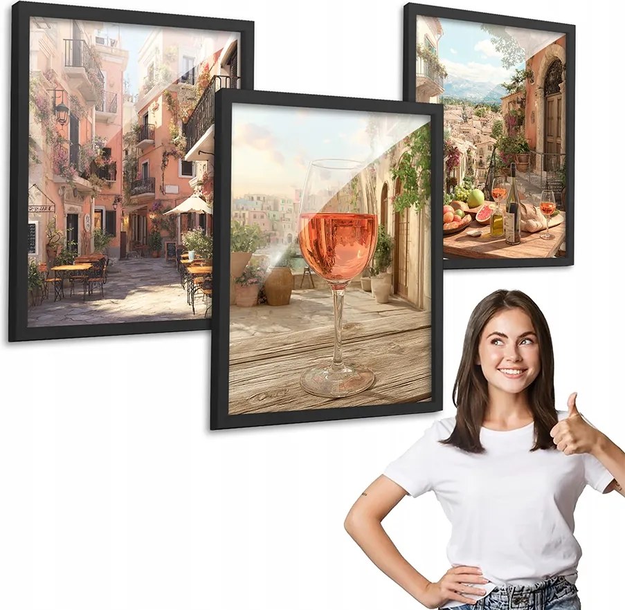 Sada 3 obrazů vzor Italské Město černý rámeček 40x50 triptych do kuchyně