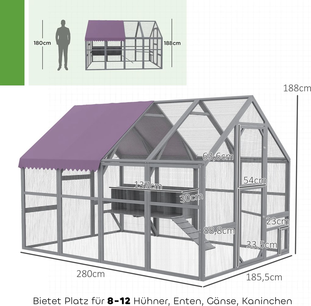 PawHut kurník, výběh pro slepice, 280 x 185,5 x 188 cm, klec pro slepice, výběh pro slepice s dvířky, hnízdní box, střecha, rampa, dřevo| Aosom