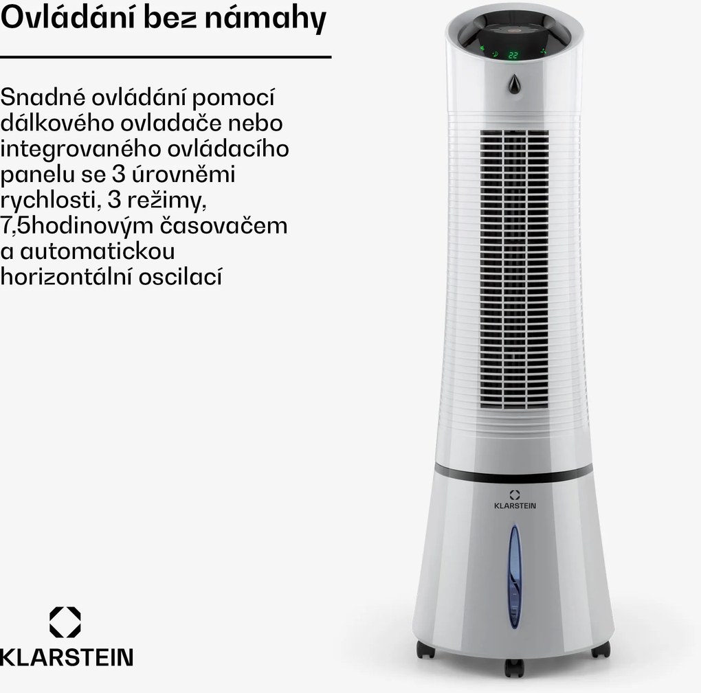 Klarstein Skyscraper Ice 4 v 1, ventilátor, ochlazovač vzduchu, čistička vzduchu, zvlhčovač vzduchu, 180 m³/h, 45 W, oscilace, mobilní, dálkové ovládání