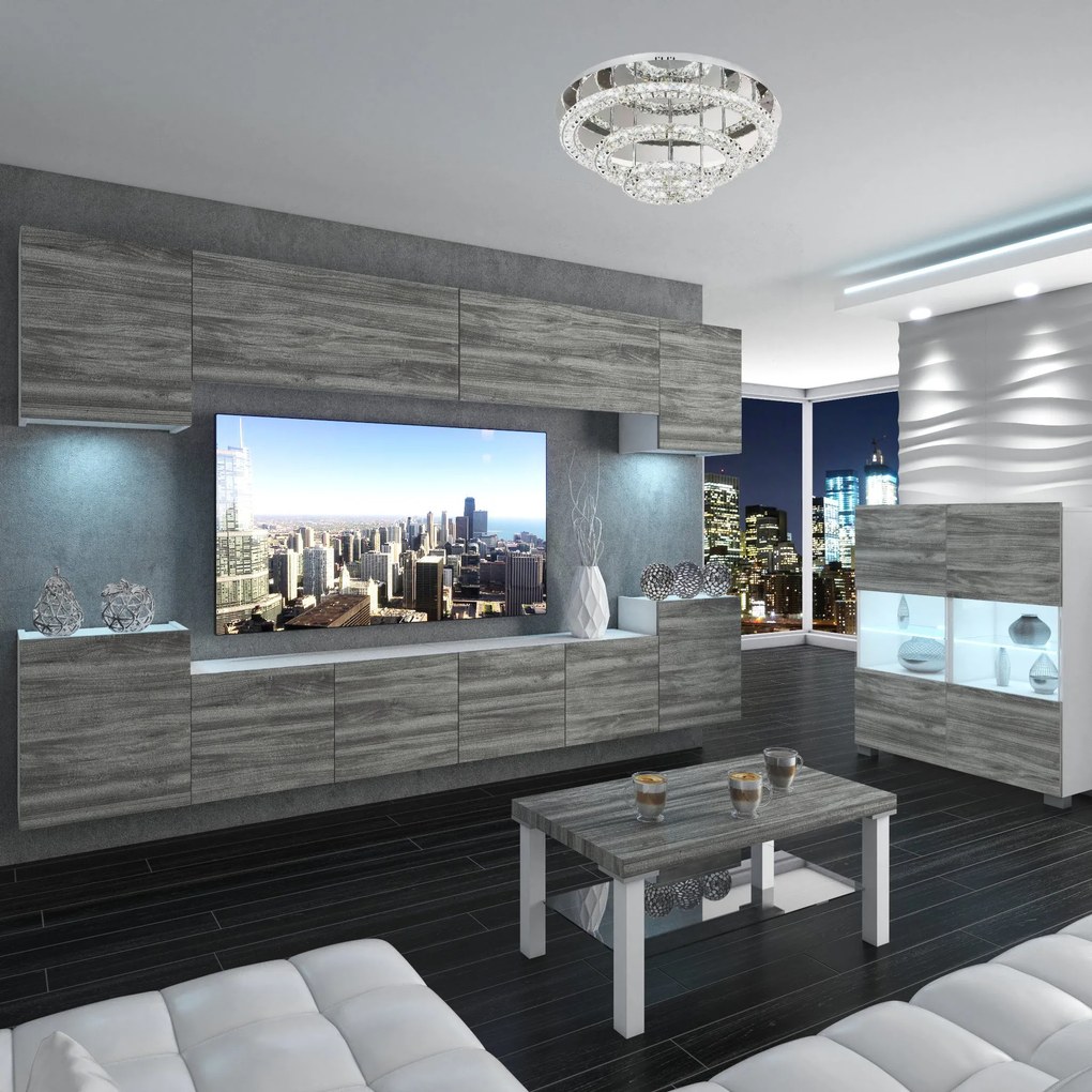 Obývací stěna Belini Premium Full Version šedý antracit Glamour Wood+ LED osvětlení Nexum 71  NEX 4/0/W/GW1/0/0/PP