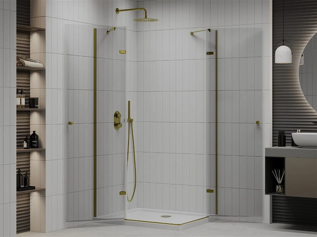 Mexen Roma Duo, sprchový kout 100 (dveře) x 90 (dveře) cm, 6mm čiré sklo, zlatý profil + sprchová vanička, 854-100-090-50-02-4010G
