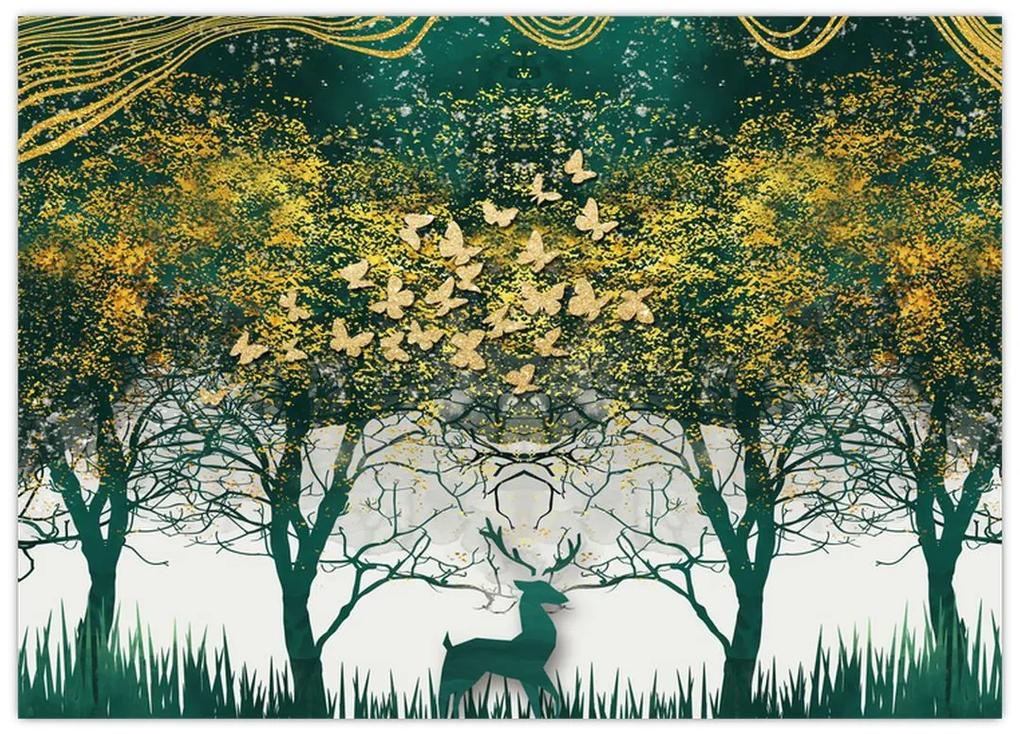Skleněný obraz - Jeleni v zeleném lese (70x50 cm)