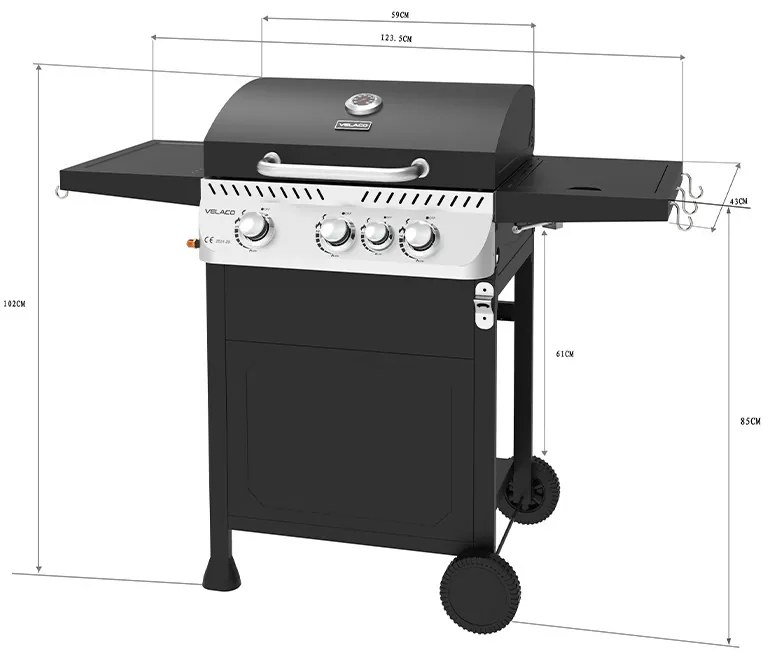 BPS-koupelny Plynový BBQ gril s boční plotýnkou, poličkou a krycí plachtou - HYD-ZG-AO-B, 3+1 hořák