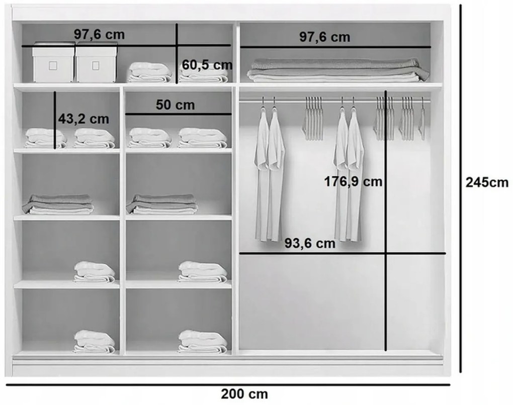 Prostorná šatní skříň AMADEO, šířka 200 cm, výška 245 cm