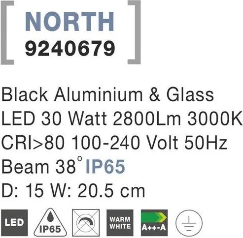 NV 9240679 Venkovní reflektor NORTH černý hliník a sklo LED 30W 3000K 100-240V 38st. IP65 - NOVA LUCE
