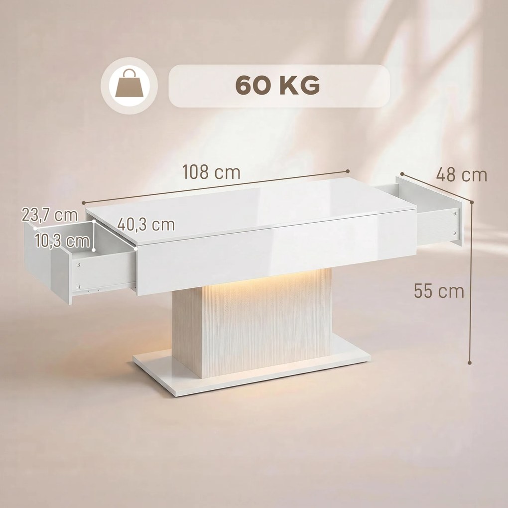 HOMCOM LED konferenční stolek s úložným prostorem, vysoký lesk, moderní, 2 zásuvky a dálkové ovládání, bílá