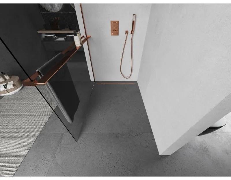 Mexen Kioto+ L, sprchová zástěna Walk-In s poličkou a věšákem 110 x 200 cm, 8mm čiré sklo, růžové zlato profil, 800-110-123-60-00
