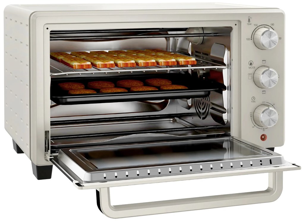 HOMCOM Mini trouba 21L Pizza Mini trouba Plech na pečení Plech na drobky 1400W Pultová trouba 1h Časovač 100-230°C Kovový krém | Aosom