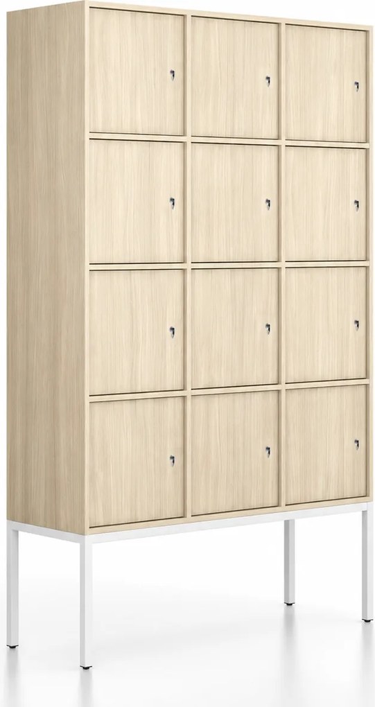 Kancelářská skříň FRAME, bílá podnož, 12x dveře, 1299 x 450 x 2185 mm, cylindrický zámek, dub přírodní