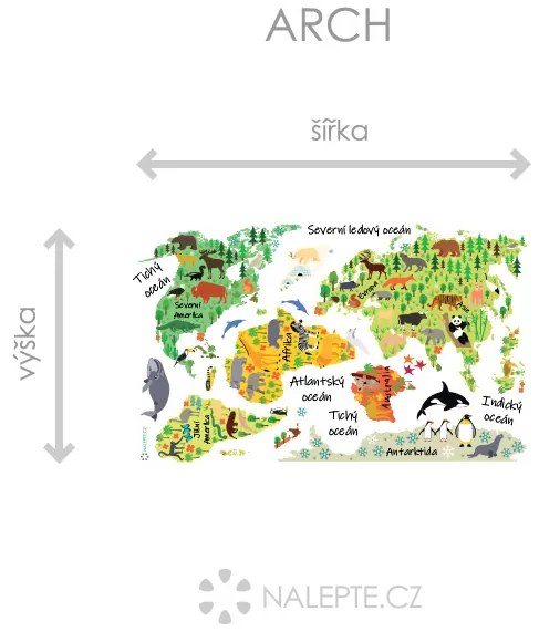 Mapa světa se zvířátky textilní přelepitelné samolepky na zeď 75 x 59 cm