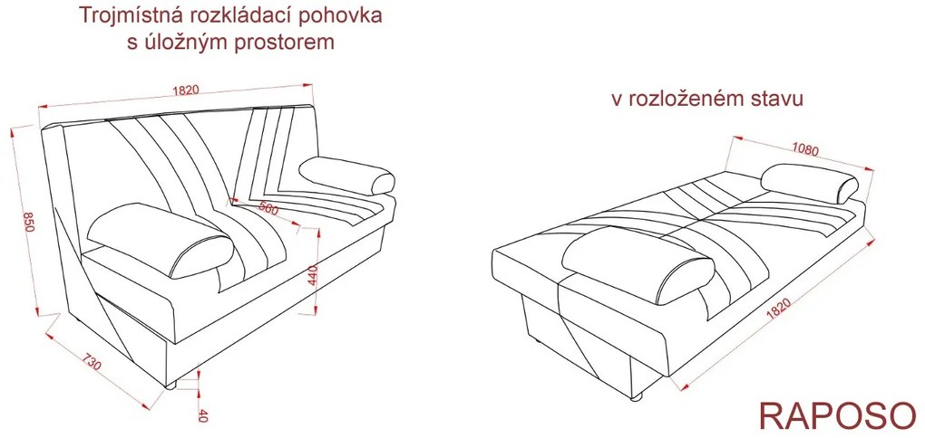 Trojmístná rozkládací pohovka s úložným prostorem Raposo - šedá