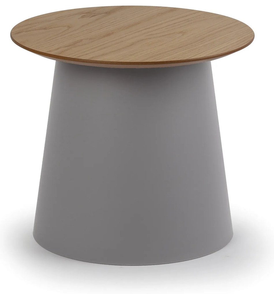 Plastový kávový stolek SETA s dřevěnou deskou, průměr 49 cm, dub/šedá