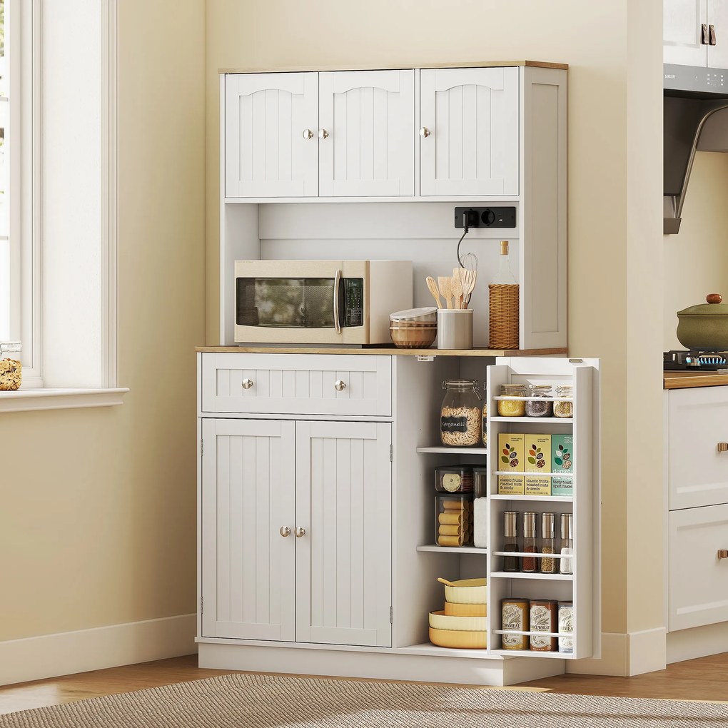 HOMCOM vysoký kuchyňský buffet, kuchyňská skříňka, nabíjecí stanice, 6 dveří, pracovní deska, držák na koření, 100x40x173 cm, bílá