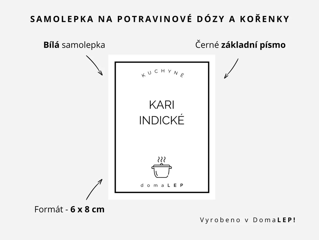 KARI INDICKÉ - omyvatelná samolepka na kořenky, výběr rozměrů Ø 5 cm / 5 x 5 cm / 6 x 8 cm | DomaLEP tvar: KOLEČKO, barva: BÍLÁ - ČERNÉ písmo, velikost: Ø 5 cm - tučné písmo