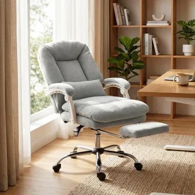 HOMCOM ergonomická kancelářská židle, naklápěcí sametové kancelářské křeslo s bederní opěrkou, výškově nastavitelné, světle šedá
