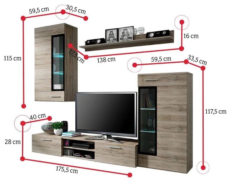 Obývací stěna TANGO, bílá/sonoma + LED
