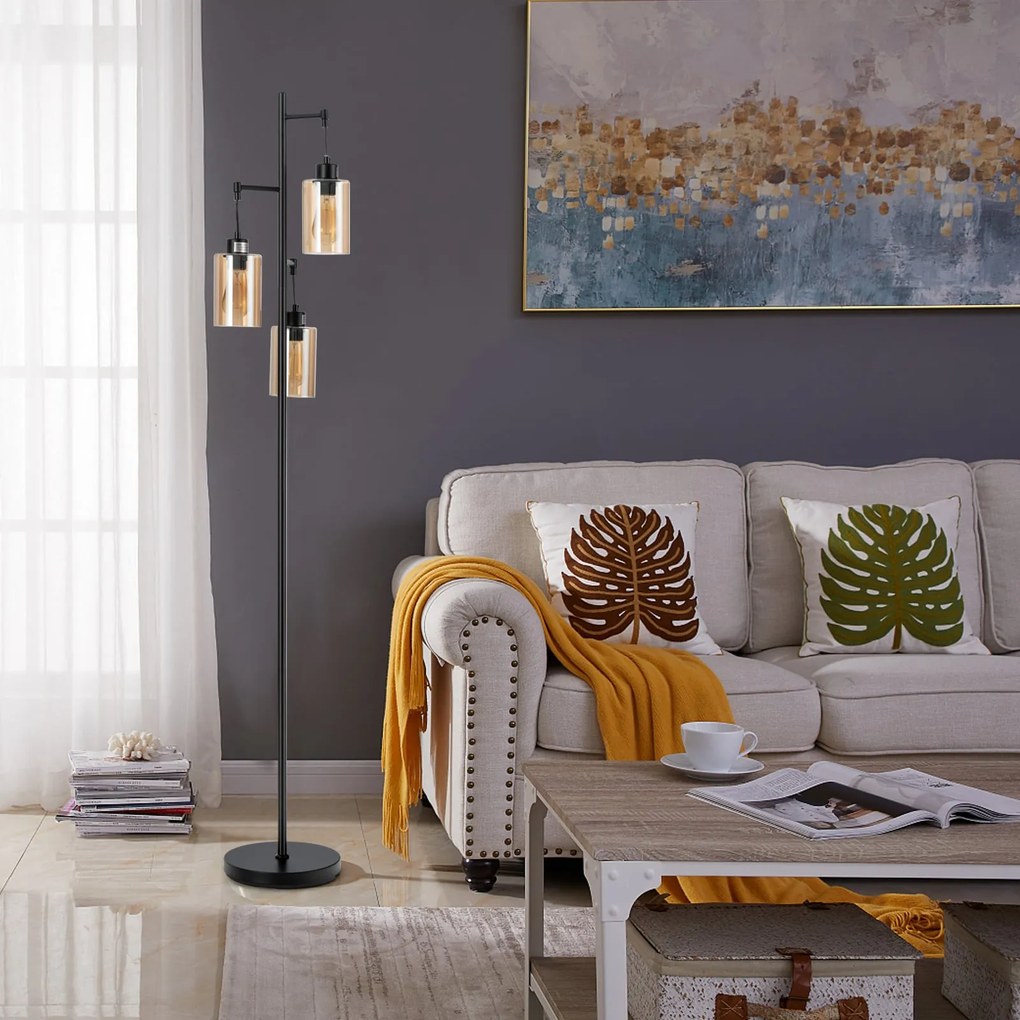 Costway Stojací lampa 164 cm s 3 závěsnými stínidly z jantarového skla a nožním