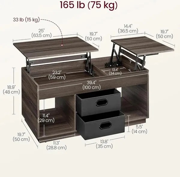 Konferenční stolek Vasagle Uma s výsuvnou deskou 100 cm tmavě hnědý