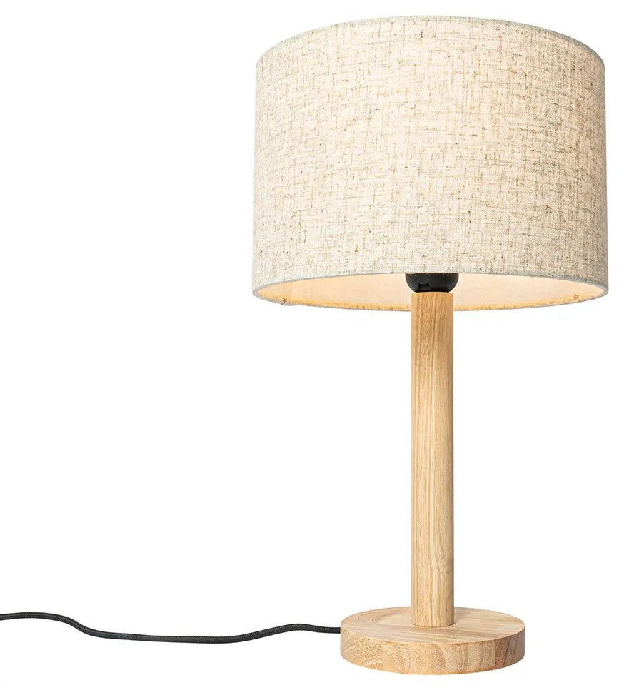 Rustikální stolní lampa dřevo s lněným stínítkem béžová 25 cm - Mels Biano.cz