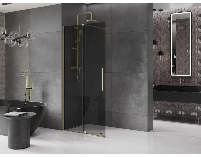 Mexen Velar, sprchová zástěna s posuvnými dveřmi Walk-in 85 x 200 cm, 8mm šedé sklo, zlatá lesklá, 871-085-000-43-50