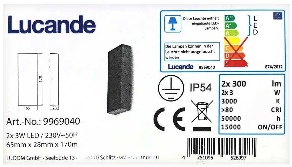 Lucande Lucande - LED Venkovní nástěnné svítidlo CORDA 2xLED/3W/230V IP54 LW0264