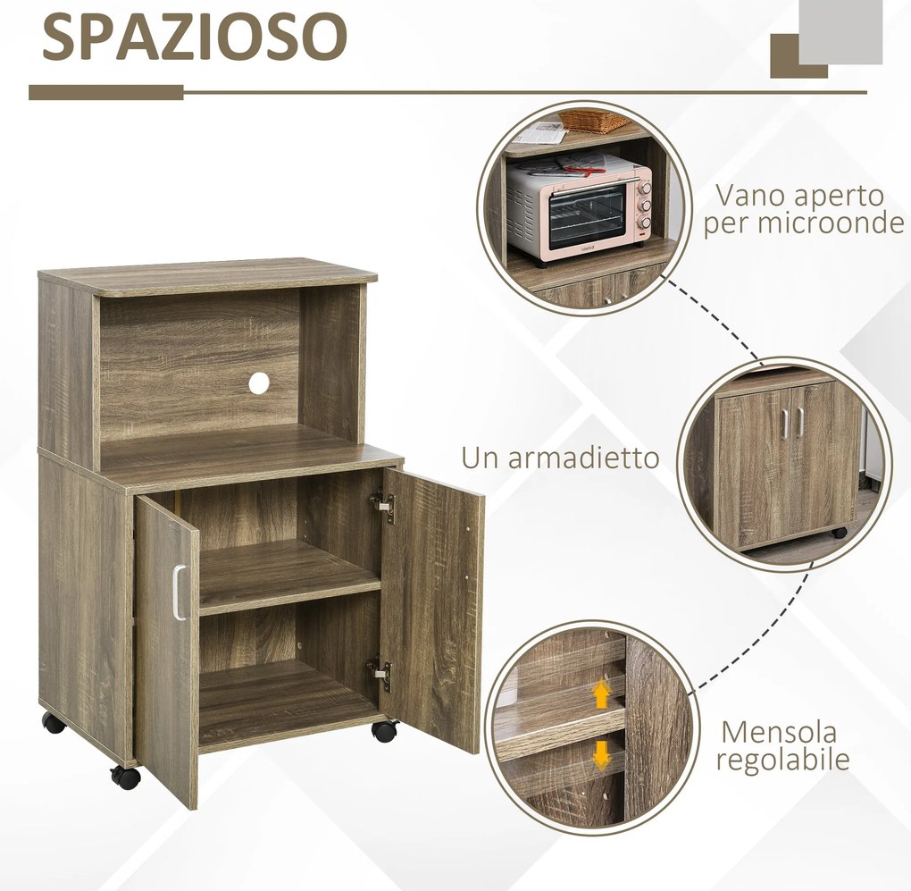 HOMCOM Víceúčelový Kuchyňský Vozík s 4 Kolíky, Skříňka se Policí pro Mikrovlnku z Dřevotřísky, 60,4x40,3x97cm, Šedá